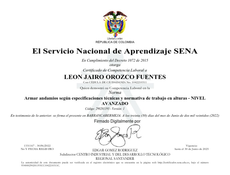 Certificado Laboral SENA: Andamios | PDF