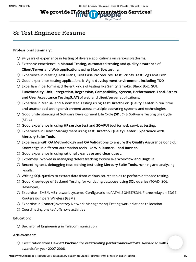SR Test Engineer Resume - Hire IT People - We Get IT Done | PDF ...