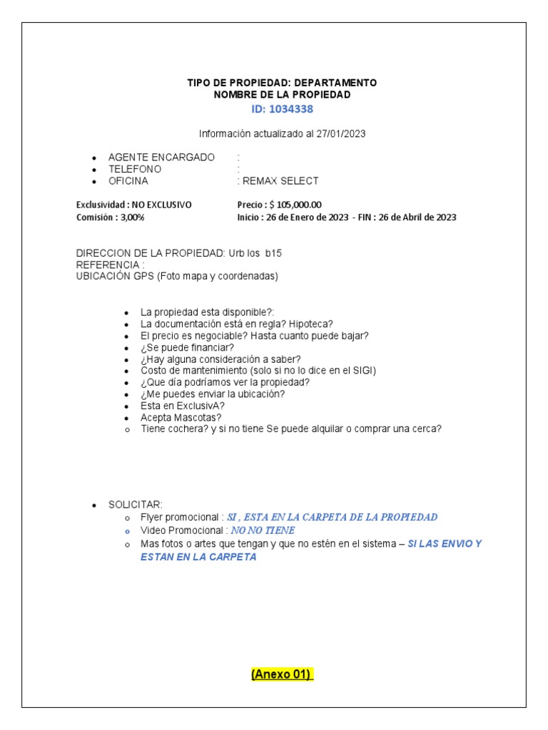 Formato para Datos Adicionales de Propiedades | PDF