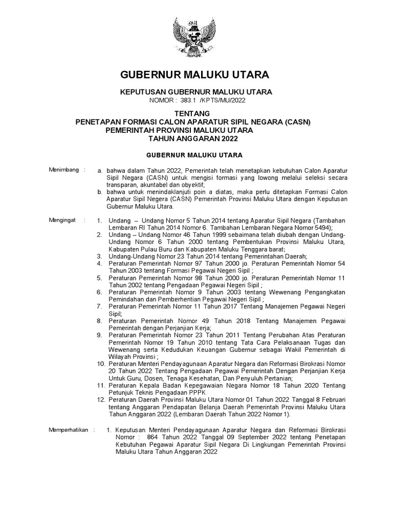 SK Gubernur Maluku Utara Tentang Penetapan Formasi Casn Tahun 2022 | PDF