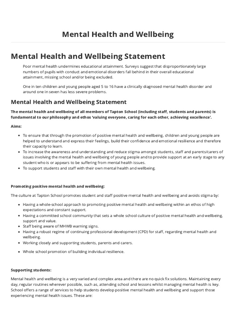 Tapton School Mental Health Statement | PDF | Mental Disorder | Well Being