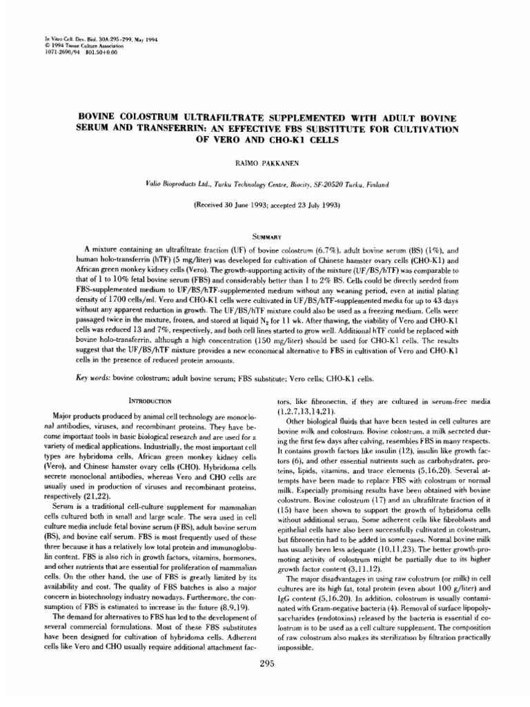 Bovine Colostrum Ultrafiltrate Supplemented With Adult Bovine Serum and Transferrin: An ...