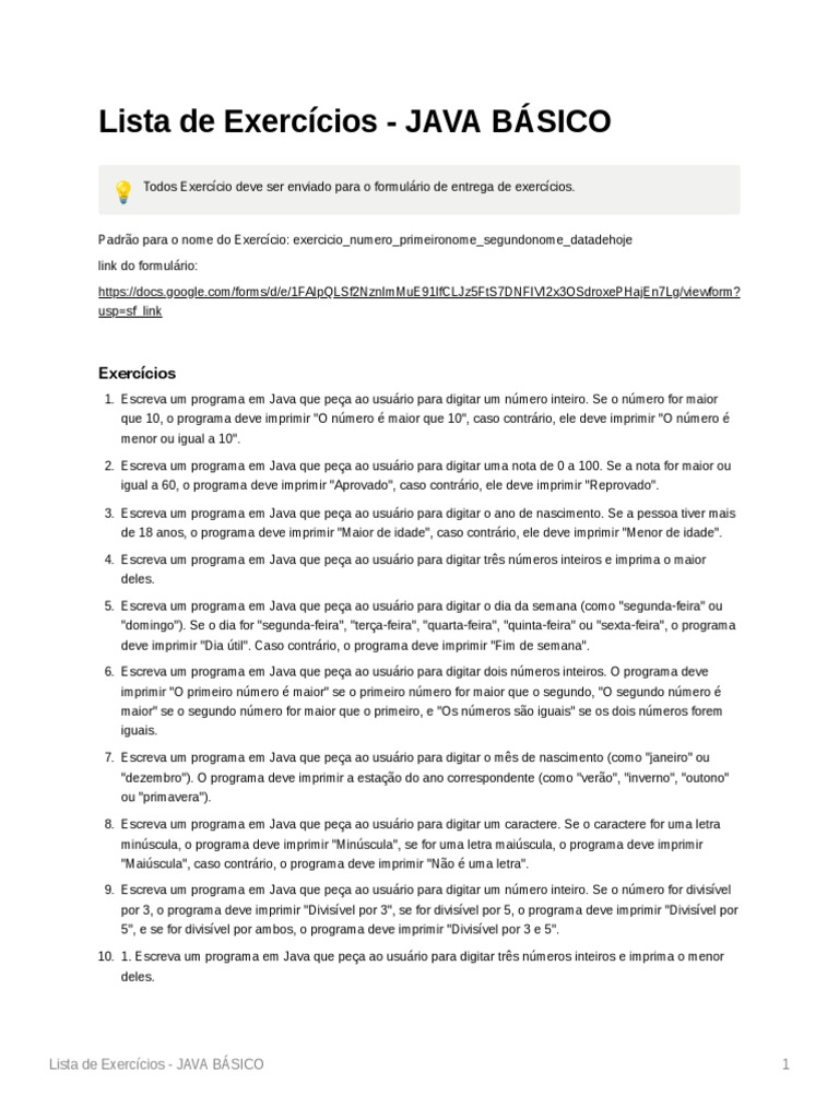 Lista de Exerccios - JAVA BSICO | PDF | Índice de massa corporal ...