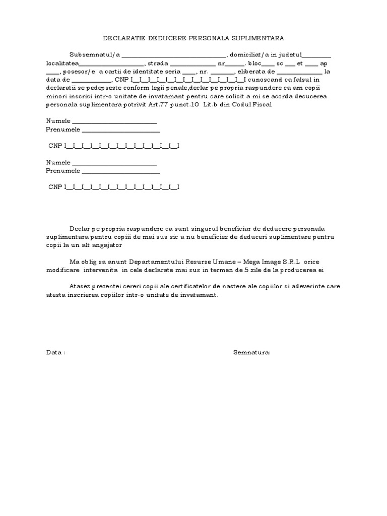 Declaratie Deducere Personala Suplimentara | PDF