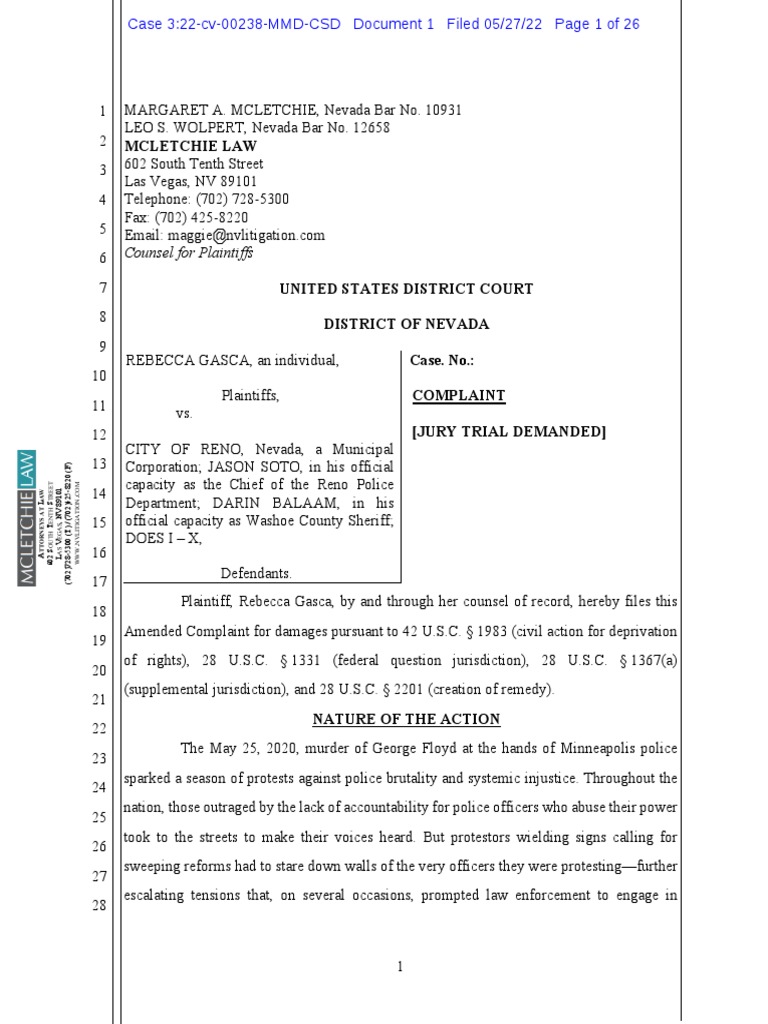 Rebecca Gasca v. City of Reno Lawsuit | PDF | Damages | First Amendment ...