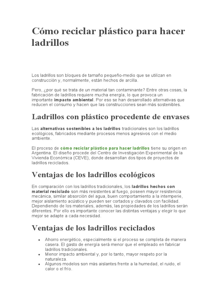 Cómo Reciclar Plástico para Hacer Ladrillos | Descargar gratis PDF | Ladrillo | El plastico
