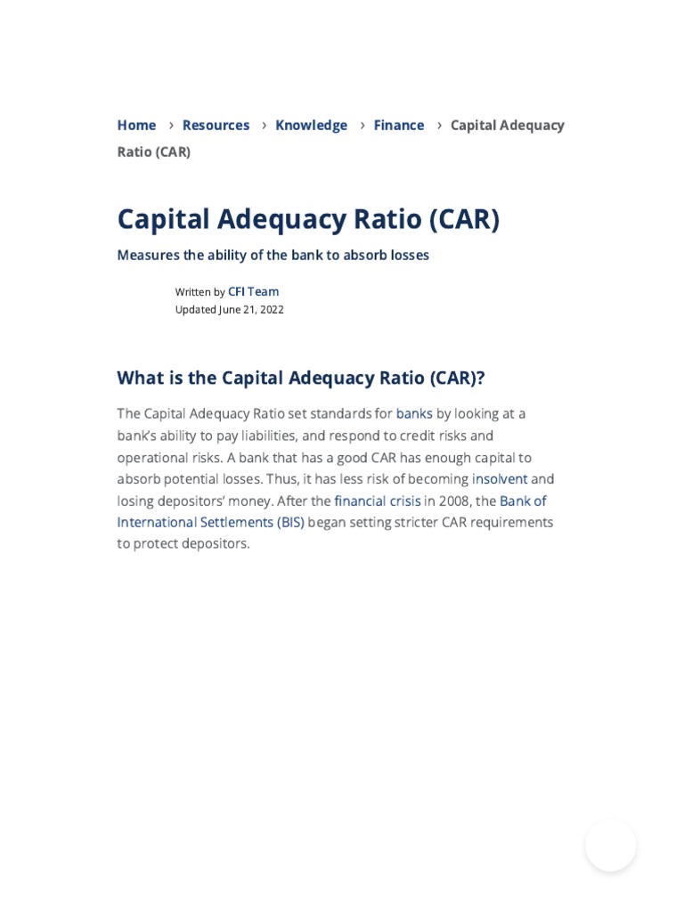 Capital Adequacy Ratio (CAR) - Overview and Example | PDF | Capital ...