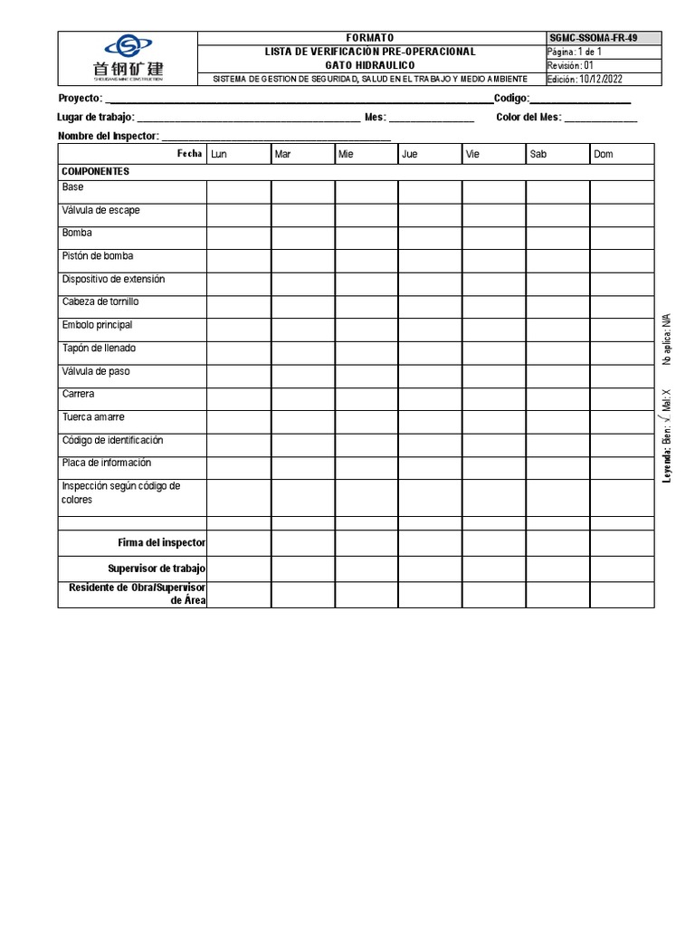 SGMC-SSOMA-FR-49 Check List Gato Hidraulico | PDF