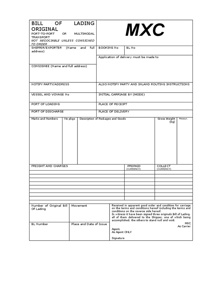 Modelo de Conocimiento de Embarque Bill of Lading | PDF
