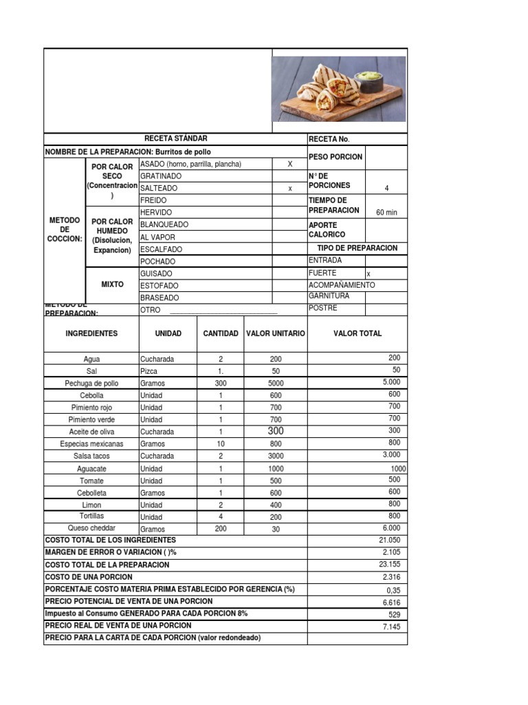BURRITOS DE POLLO Formato Receta Estandar Comida Oriental y Mexicana ...