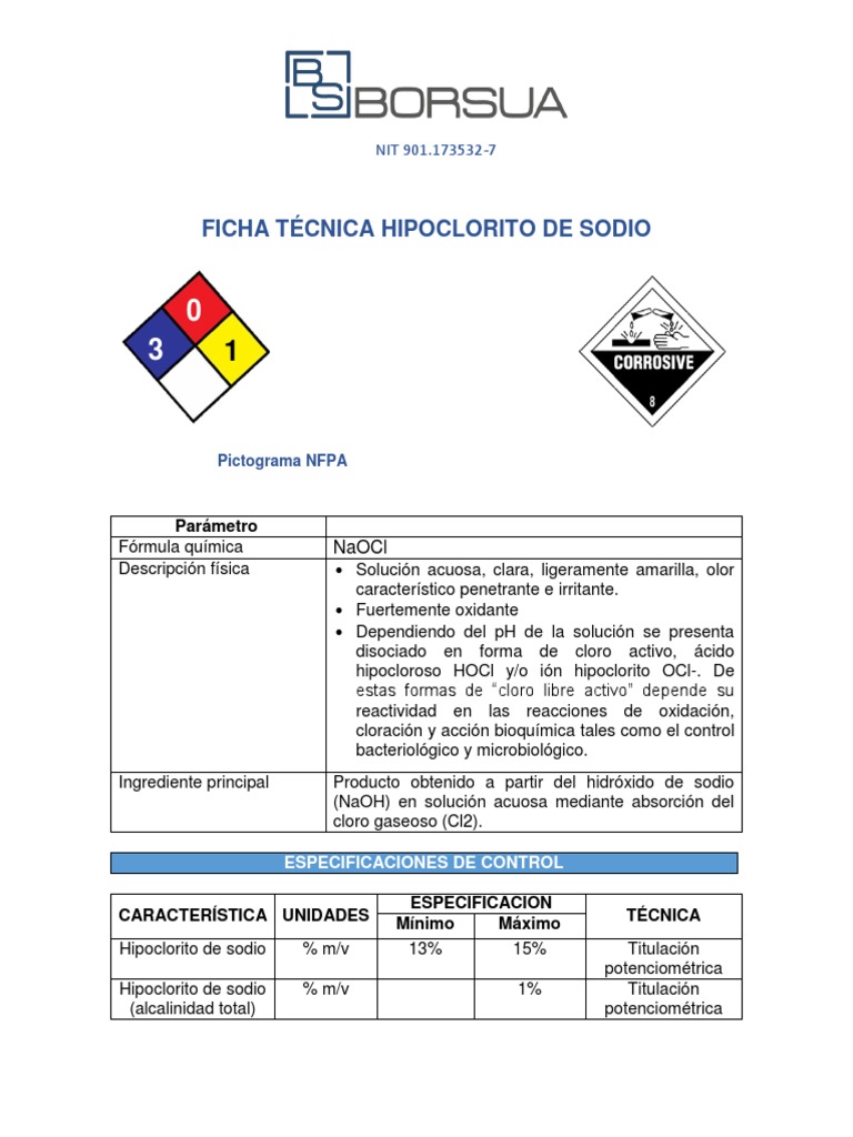 Ficha Tecnica Hipoclorito de Sodio | PDF | Sustancias químicas | Química