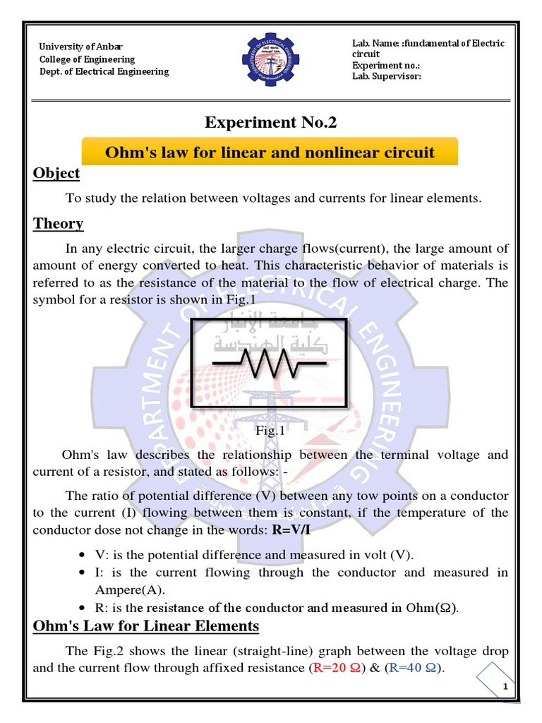 Experiment No.2 Ohm's Law For Linear and Nonlinear Circuit: Object ...