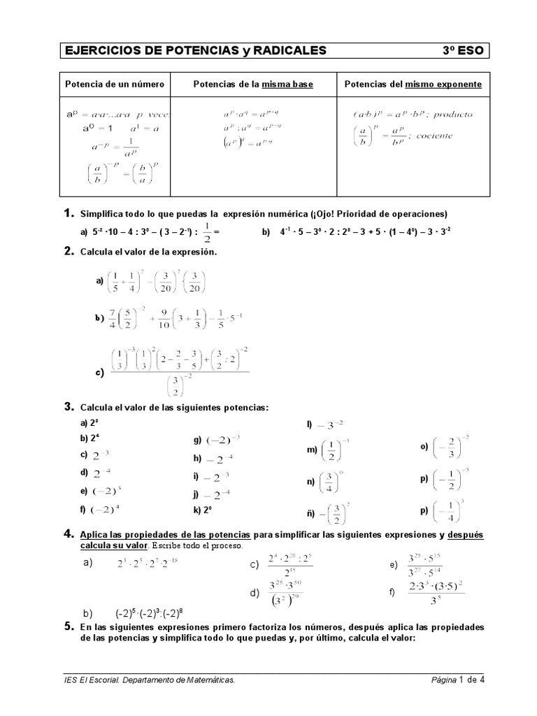 Potencias Raíces y Radicales 3º ESO | PDF | Exponenciación | Matemática Elemental