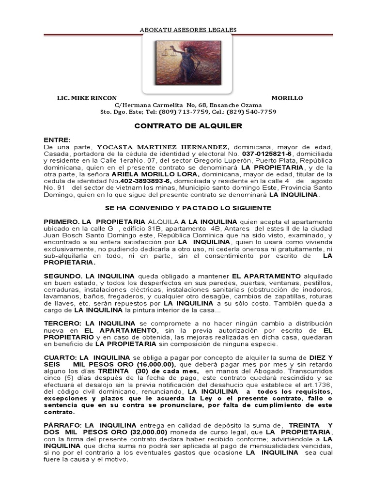 Contrato de alquiler de apartamento entre propietaria e inquilina con fianza solidaria | PDF ...