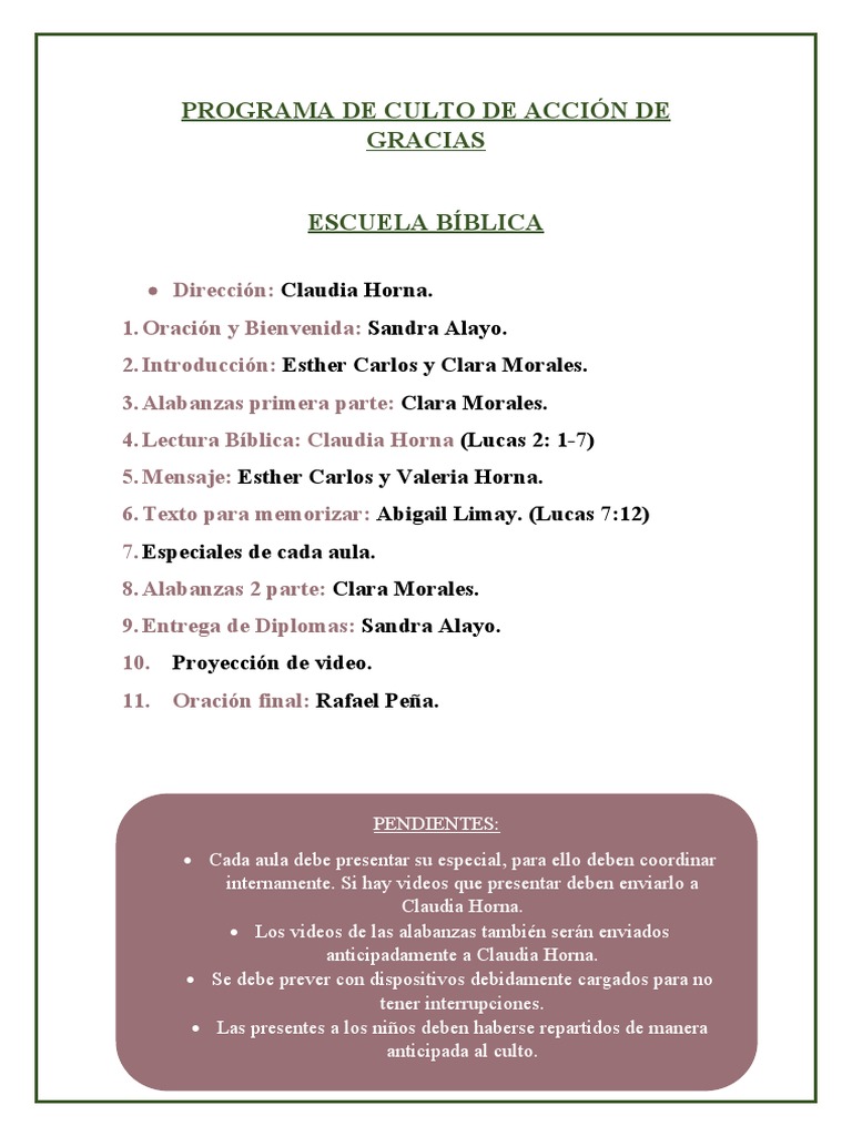 Programa del culto de acción de gracias de la Escuela Bíblica | PDF