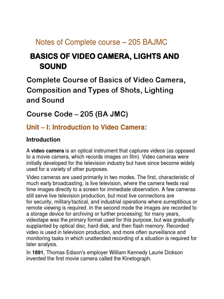 Basics of Video Camera, Lights and Sound | PDF | Camera Lens | Camera