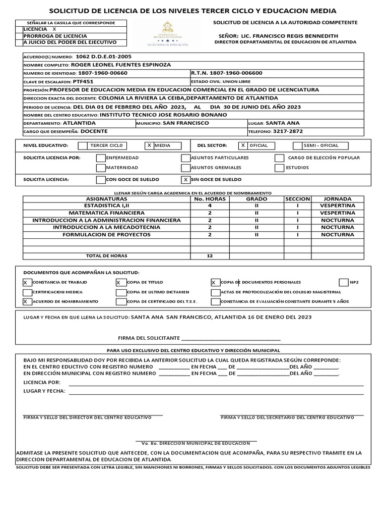 Formatos Solicitud Licencia Docente 2023 | PDF