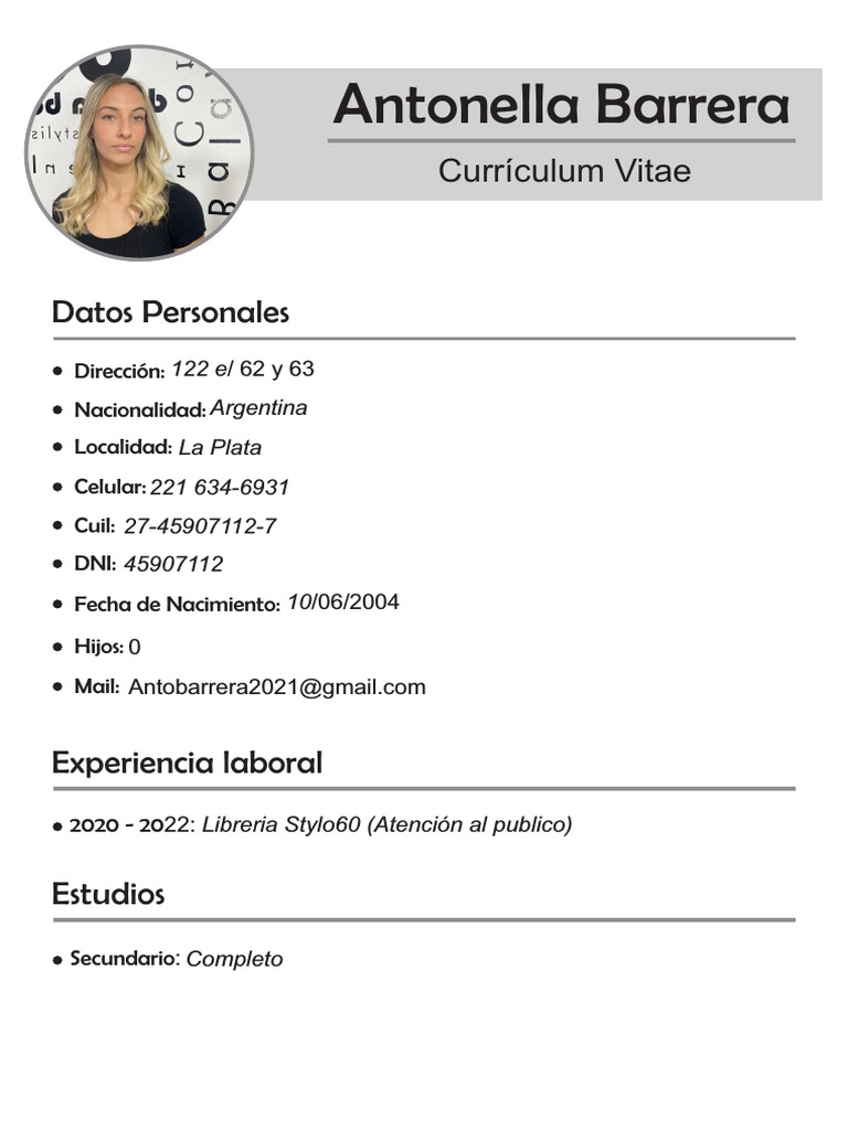 CV Antonella Barrera: Experiencia y Datos | PDF | Ciencias sociales