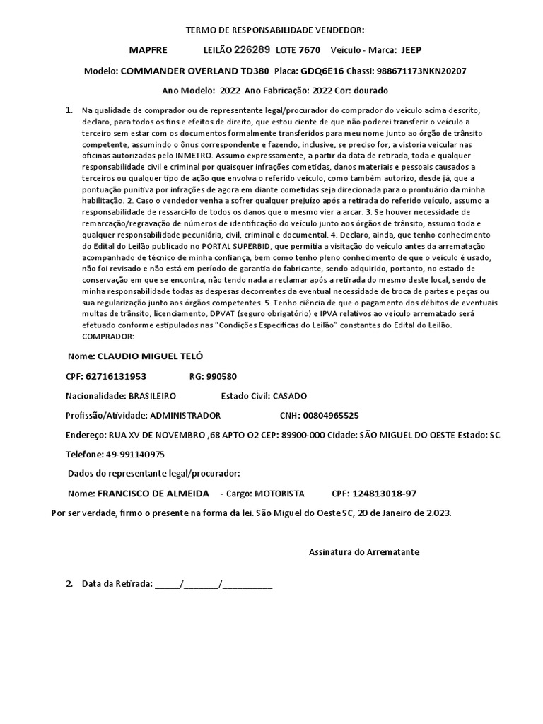 Termo De Responsabilidade Vendedor Pdf Leilão Carteira De Motorista