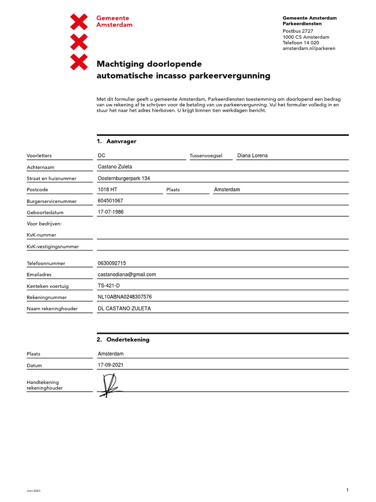 Formulier-WT-Machtiging-automatische-incasso-parkeervergunning - 17 - 09 - 2021 | PDF