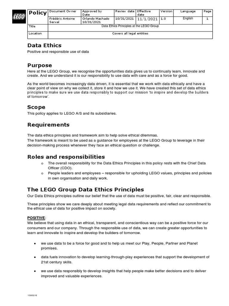 LEGO Data Ethics Policy | Download Free PDF | Data | Policy