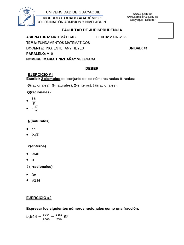 Deber #1 Fundamentos Matemáticos | PDF | Número racional | Número Real
