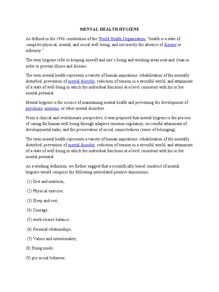 MENTAL HEALTH HYGIENE Assignment | PDF | Mental Health | Mental Disorder
