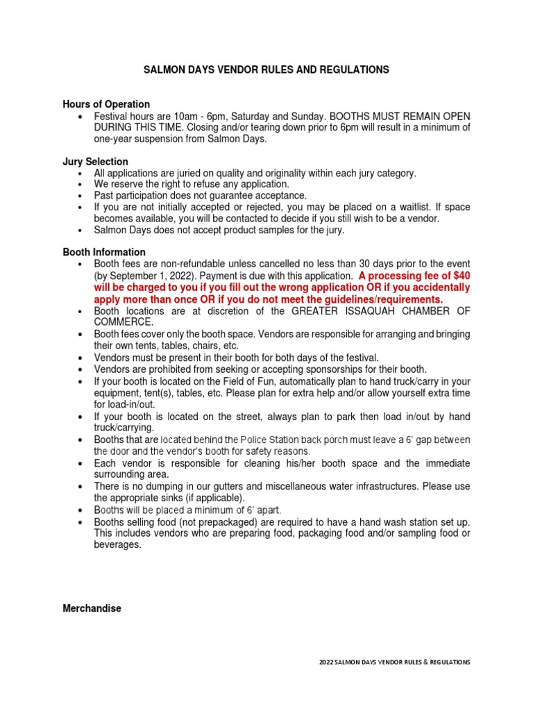 Salmon Days Vendor Rules and Regulations | PDF | Indemnity | Justice