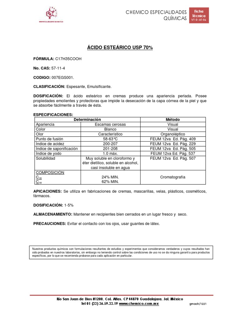 Ficha Técnica del Ácido Esteárico USP 70% | PDF | Solubilidad | Química