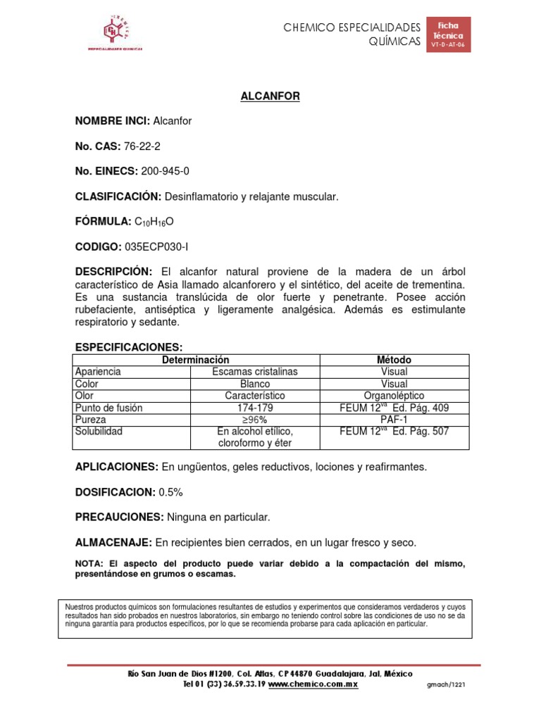 Ficha Técnica del Alcanfor | PDF | Química