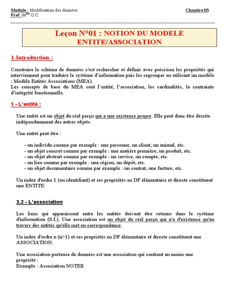 Chapitre 03-Leçon N°01 - Notion Du Modéle Entité-Association | PDF | Entité