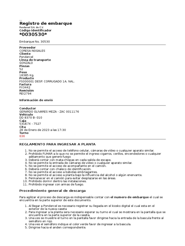 Proceso de Embarque en Pondercel S.A. | PDF | Negocios