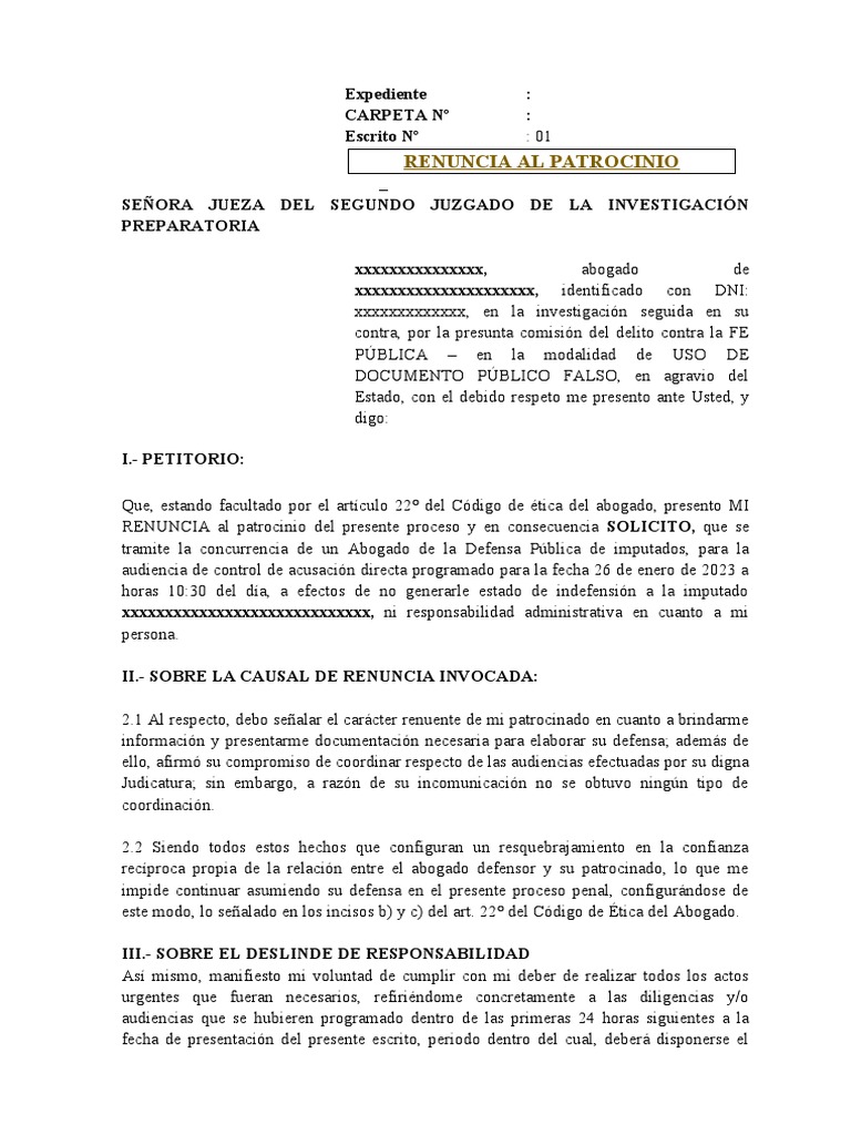 Modelo de Renuncia A Patrocinio en Proceso Penal | PDF | Gobierno ...