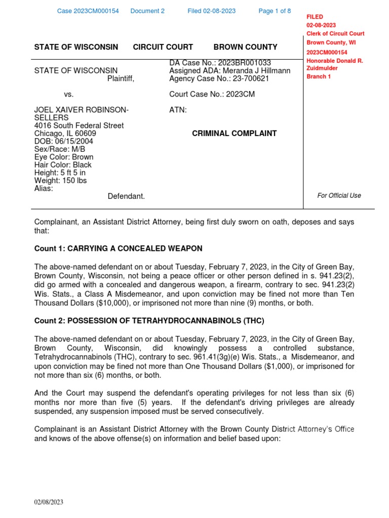 Criminal Complaint Against Joel Robinson-Sellers | PDF | Wisconsin ...
