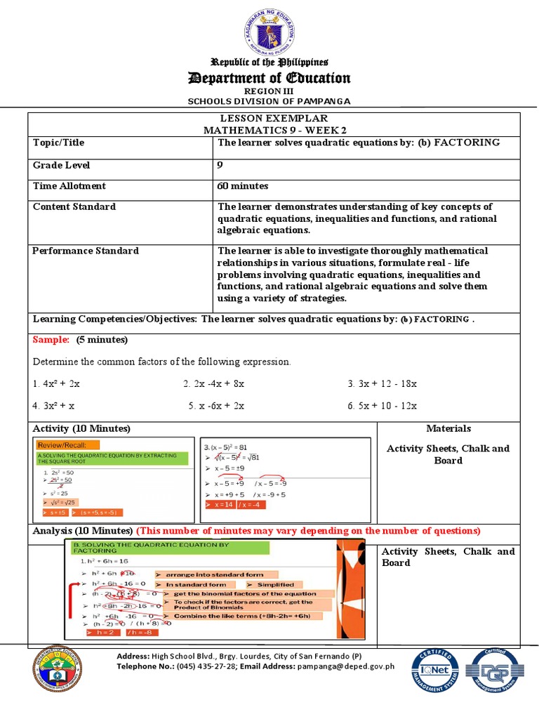 Lesson Exemplar Math9 WEEK2 A | PDF | Equations | Mathematics