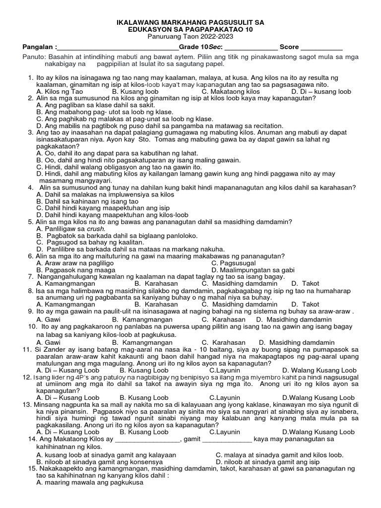 Grade-10 ESP 2ND-PERIODIC SY2022-2023 | PDF