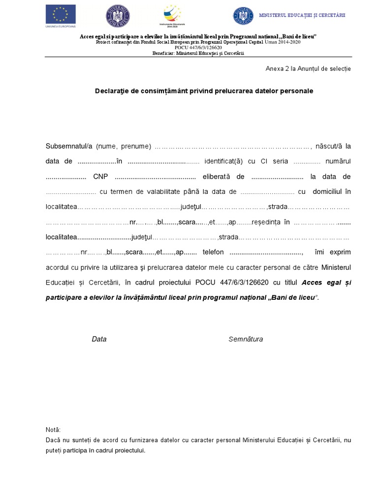 Anexa 2 - Declaratie Consimtamant | PDF