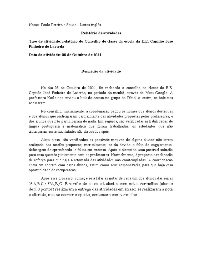 Relatório Conselho de Classe Pal | PDF Relatório Conselho de Classe Pal | PDF