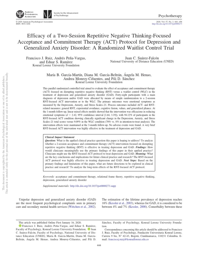Efficacy of A Two-Session Repetitive Negative Thinking-Focused | PDF ...
