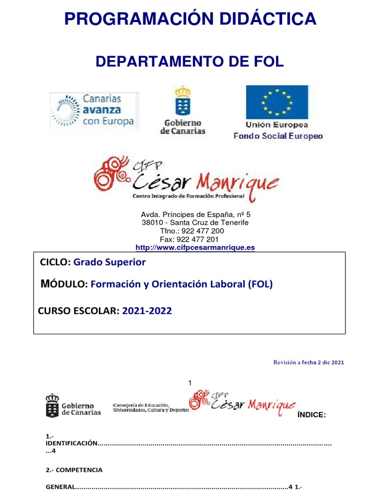 Programación Fol Grado Superior 2021-22 | PDF | Derecho laboral | Seguridad y salud ocupacional
