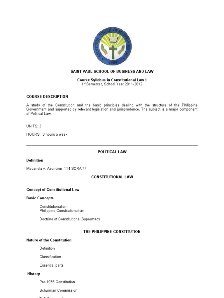 Constitutional Law Syllabus Overview | PDF | Veto | Commission On ...