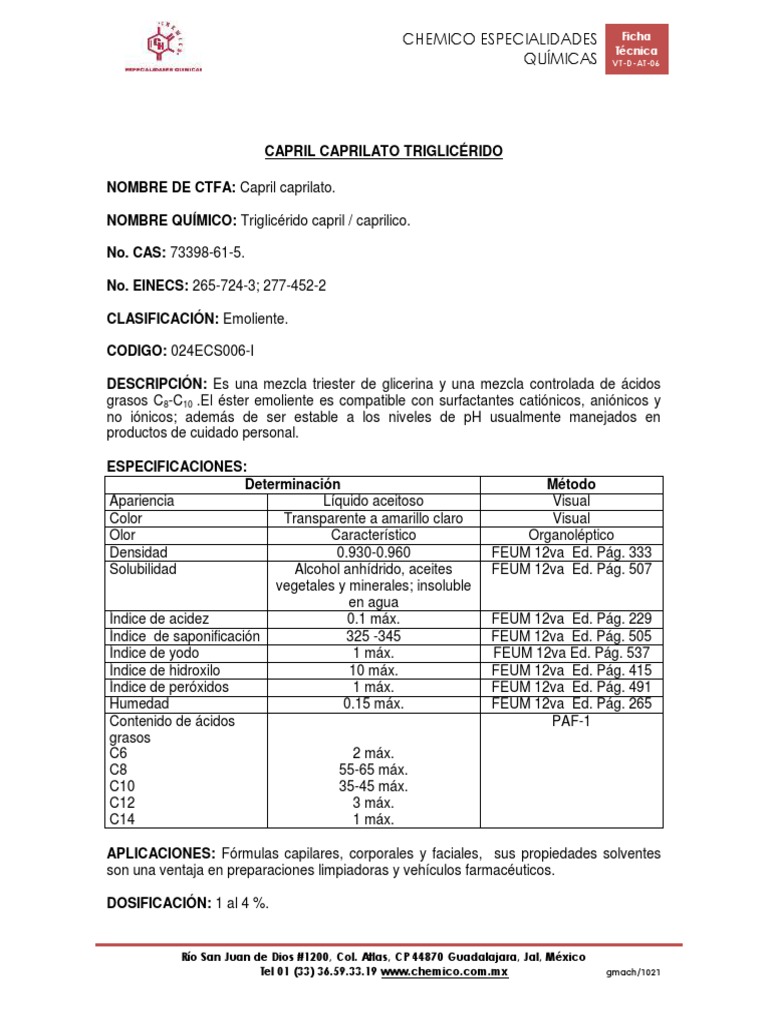 Capril Caprilato Triglicerido | PDF | Triglicéridos | Ciencias fisicas
