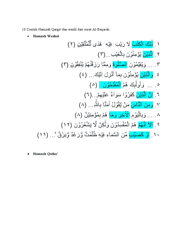 10 Contoh Hamzah Qarga' Dan Washl Dari Surat Al-Baqarah: Hamzah Washal | PDF