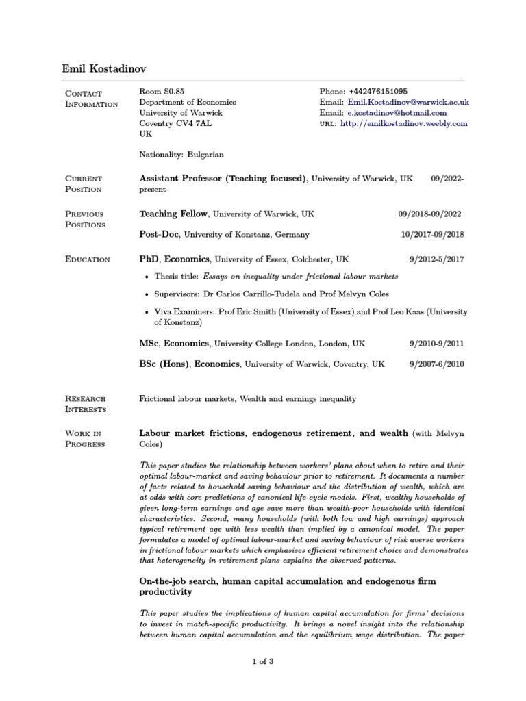 Emil Kostadinov@warwick Ac Uk | PDF | Economics | Human Capital
