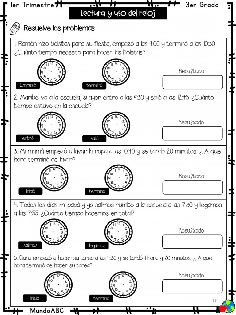 Problemas de Reloj para Tercer Grado | PDF