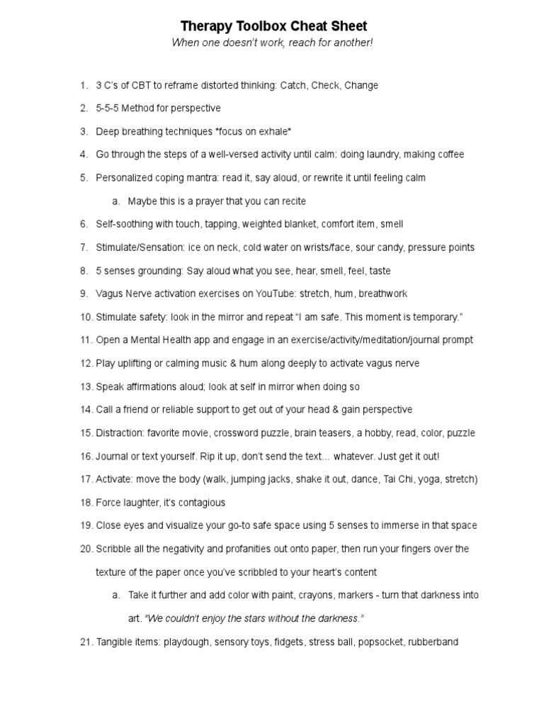 Therapy Toolbox Cheat Sheet | PDF | Self-Improvement