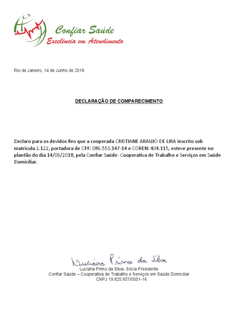 Declaração de Comparecimento | PDF Declaração de Comparecimento | PDF