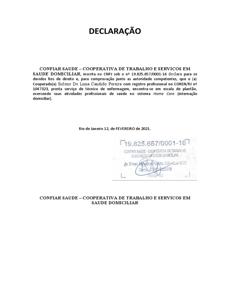 DECLARAÇÃO Confiar Cooperados Vacina - SIRLENE DE LIMA | PDF DECLARAÇÃO Confiar Cooperados Vacina - SIRLENE DE LIMA | PDF