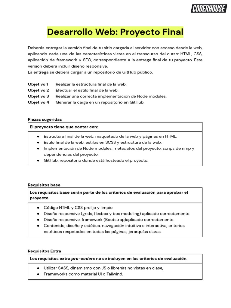 Consigna de Proyecto Final - Desarrollo Web | PDF