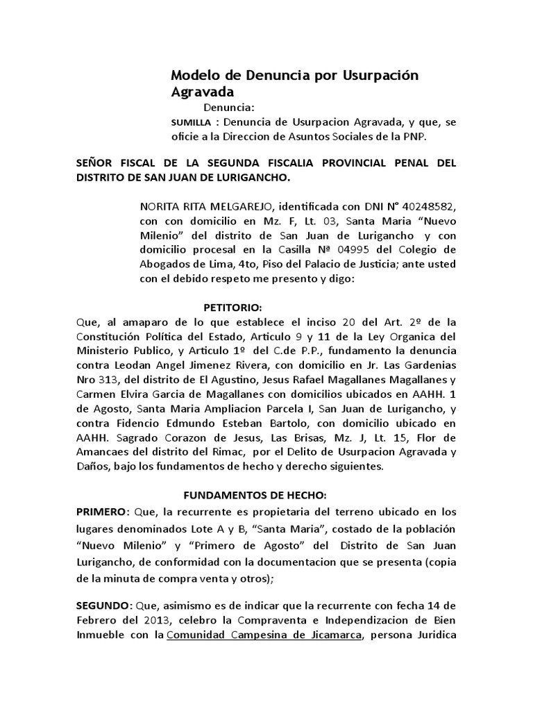 Modelo de Denuncia por Usurpación Agravada | PDF | Propiedad | Justicia